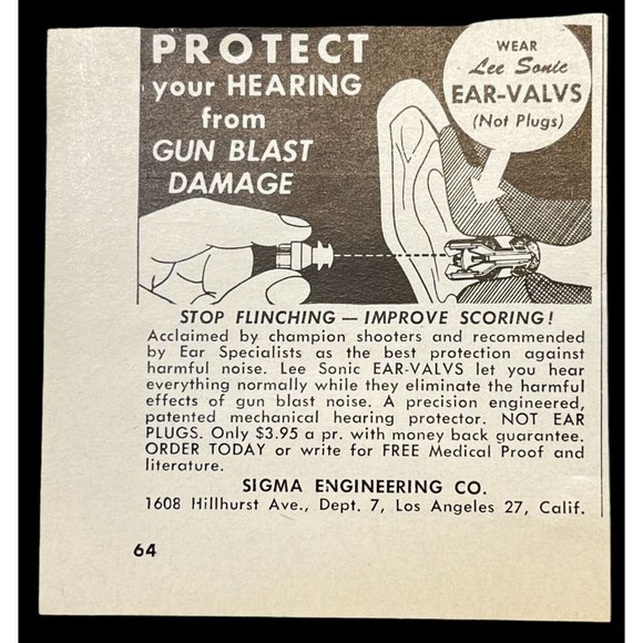Art | Lee Sonic Ear Valvs Print Ad 1962 Vintage Firearms Protect Your ...